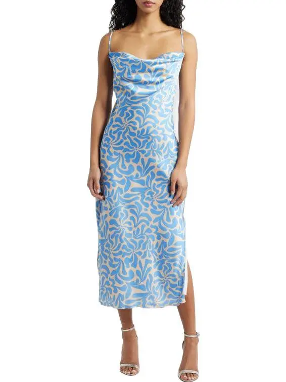 JUMP APPAREL Sleeveless Cowl Neck Midi Dress With Back Bow - Blue Floral