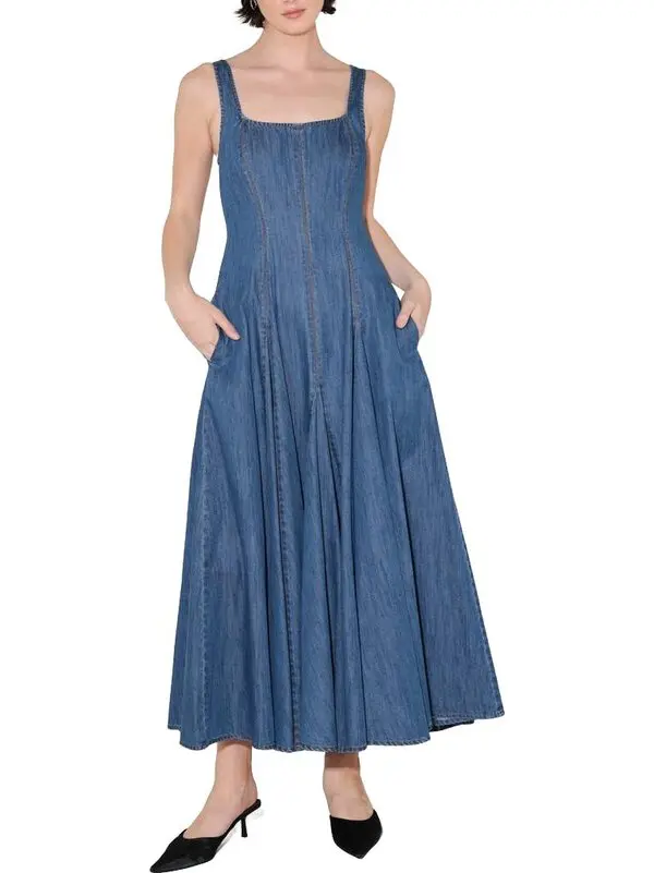 FREEMARKET Square Neck A-line Denim Midi Dress - Medium Indigo