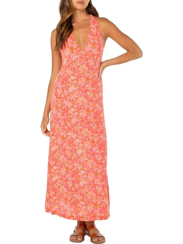 Roxy Printed Halter Maxi Dress - Hot Coral