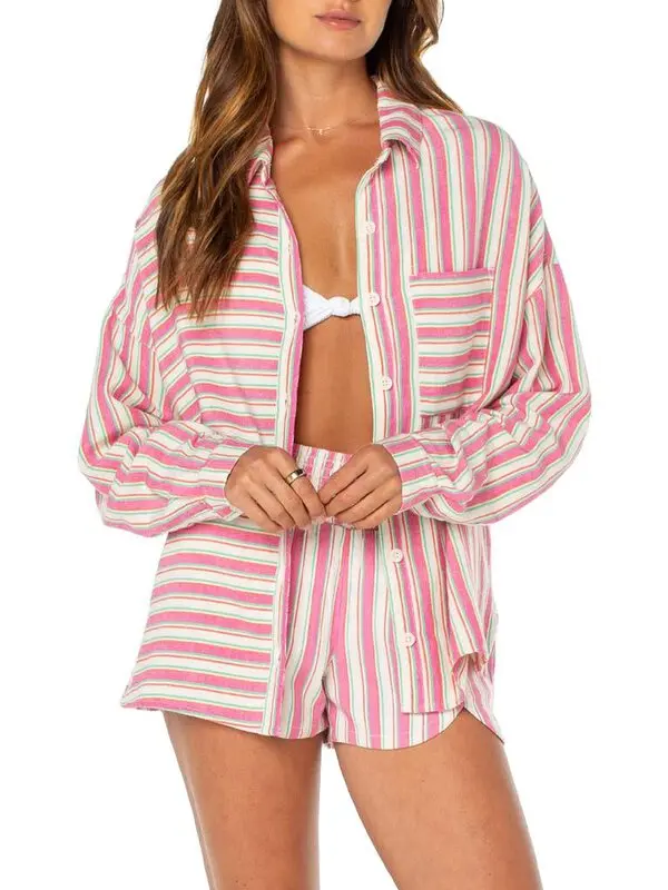 Roxy Oversized Striped Button-up Cover-up Shirt - Dew