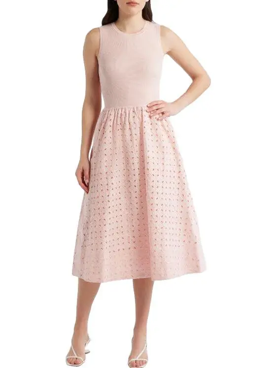 Elie Tahari Emma Sleeveless Rib Knit And Broderie Anglaise Midi Dress - Pale Blush
