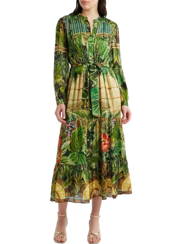 Elie Tahari Liliou Metallic Floral Print Long Sleeve Dress - Atrium Garden Print