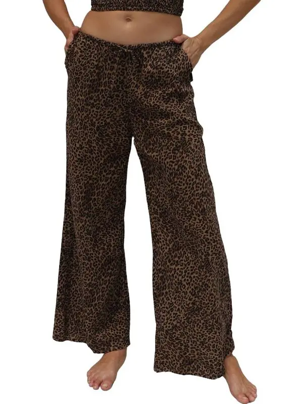 STONE FOX SWIM Koda Leopard Print Drawstring Wide Leg Pants - Selva