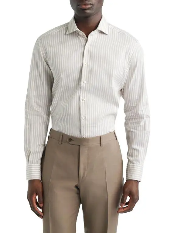 1863 BY ETERNA Slim Fit Stripe Non-iron Cotton & Linen Dress Shirt - Beige