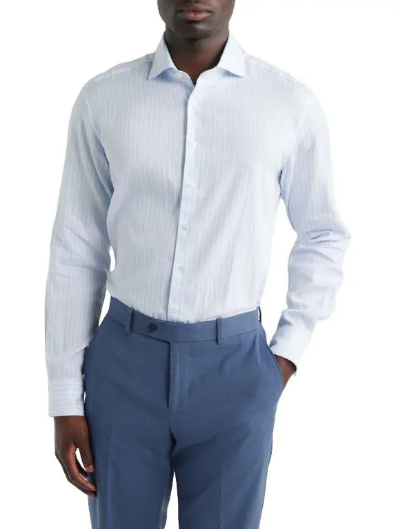 1863 BY ETERNA Slim Fit Stripe Non-iron Cotton & Linen Dress Shirt - Light Blue