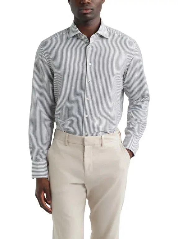 1863 BY ETERNA Soft Luxury Modern Fit Stripe Wool & Linen Non-iron Dress Shirt - Navy