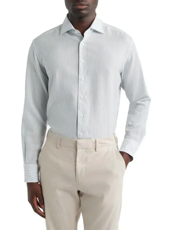 1863 BY ETERNA Soft Luxury Modern Fit Stripe Wool & Linen Non-iron Dress Shirt - Sky