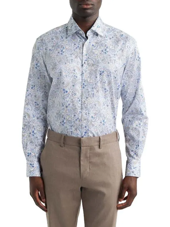 1863 BY ETERNA Modern Fit Floral Paisley Non-iron Cotton & Linen Dress Shirt - Blue