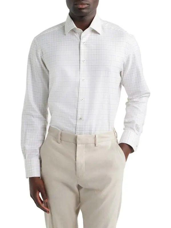 1863 BY ETERNA Modern Fit Check Non-iron Cotton Twill Dress Shirt - Beige