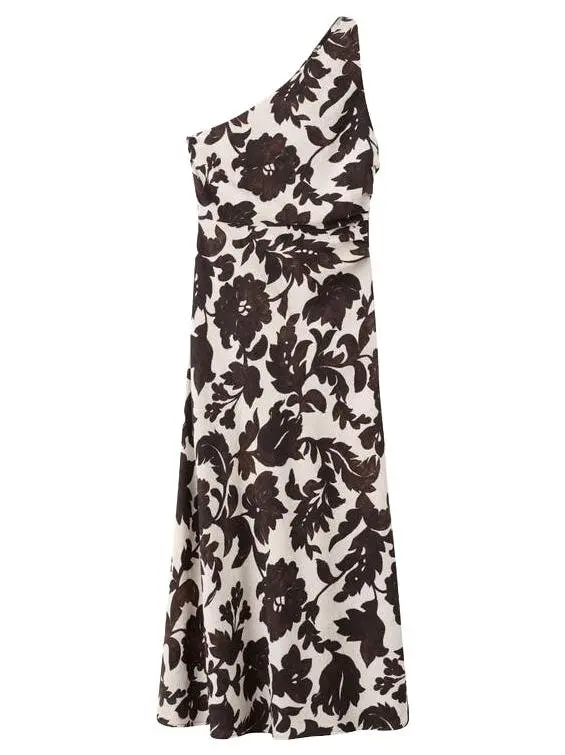 Mango Asymmetrical Floral Print Maxi Dress - Brown