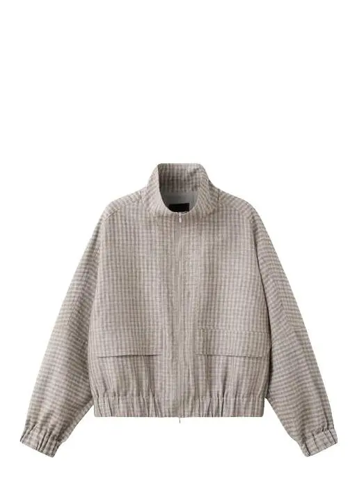 Mango Checked Bomber Jacket With Funnel Neck And Balloon Sleeves - Light/pastel Grey