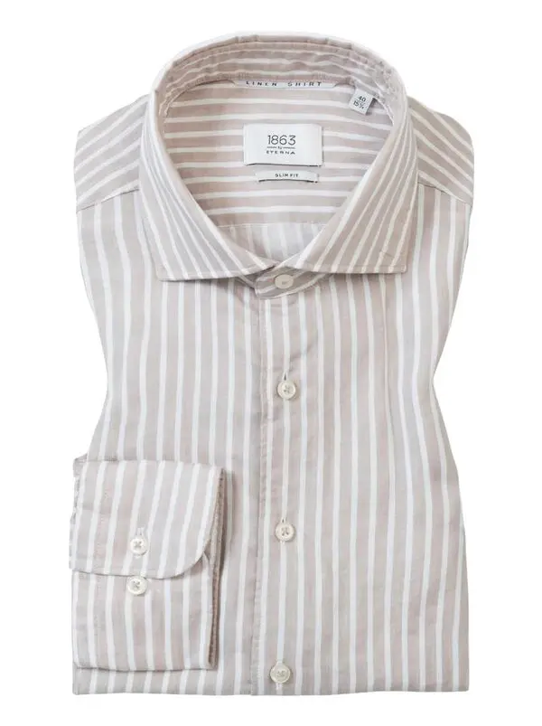 1863 BY ETERNA Slim Fit Stripe Non-iron Cotton & Linen Dress Shirt - Beige