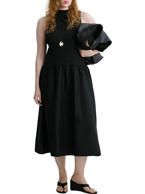 Mango Sleeveless Mock Neck Stretch Cotton Midi Dress - Black