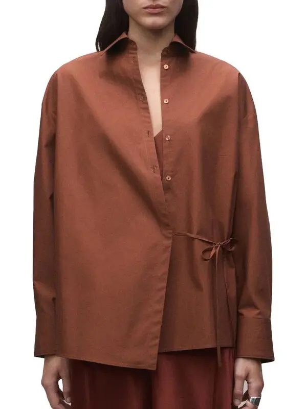 Mango Oversize Faux Wrap Cotton Shirt - Russet