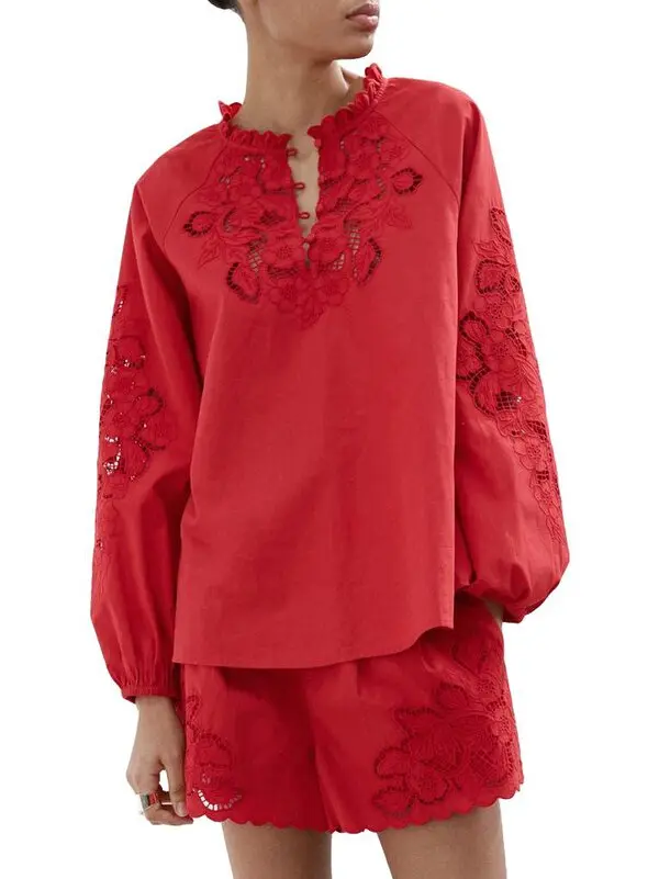Mango Broderie Anglaise Cotton Top With Ruffle Trim - Red