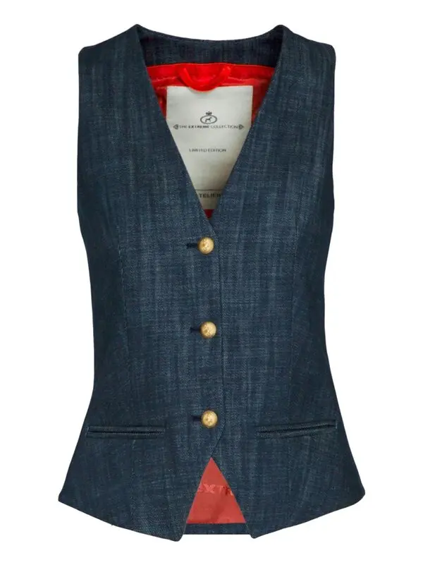 THE EXTREME COLLECTION Fitted Denim Waistcoat With Gold Buttons - Blue