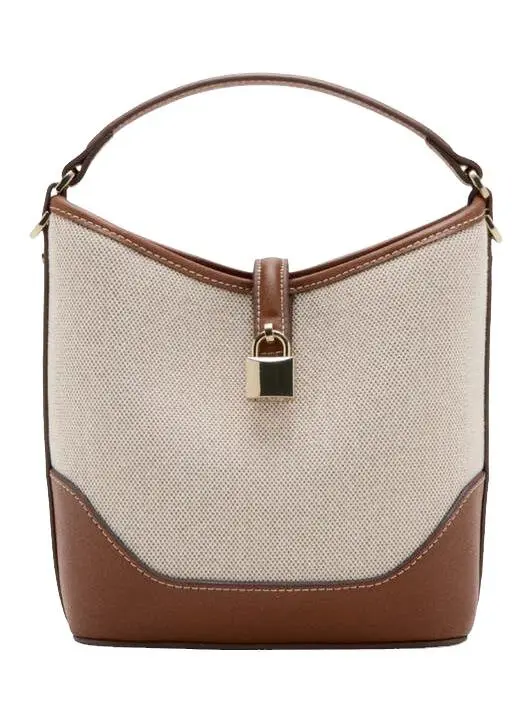 Mango Contrasting Canvas Bucket Bag With Faux- Accents - Leather