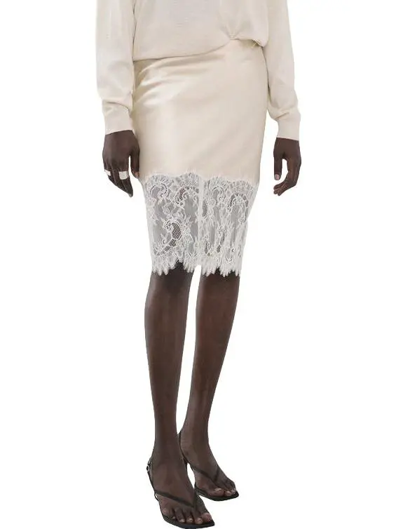 Mango Lace Trim Satin Midi Skirt - Beige