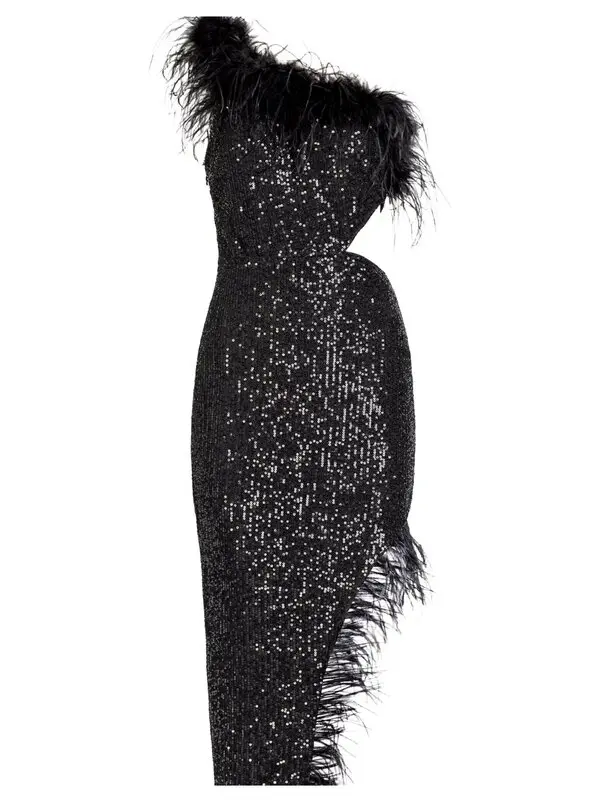 SOHUMAN Feather Embellished Sequin Gown - Black