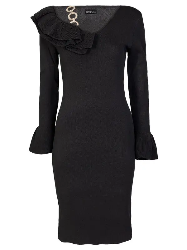 SOHUMAN Ribbed Midi Dress With Chain Detail And Ruffle Trim - Black