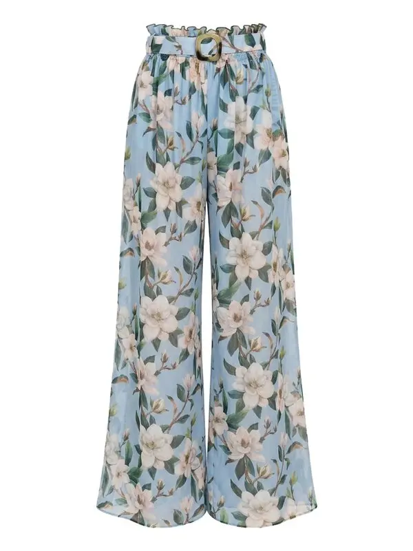 NUR KARAATA Sunflare Floral Print Wide-leg Trousers - Blue