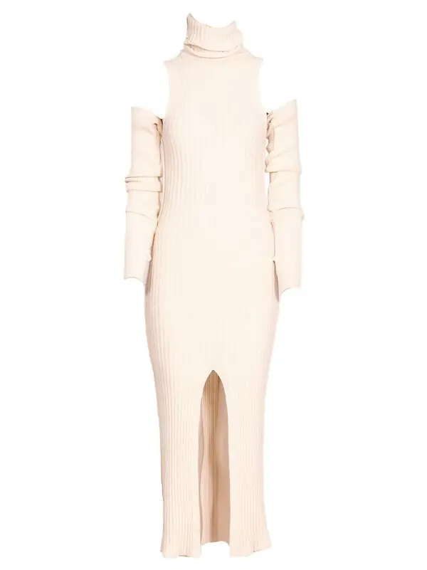 SOHUMAN Camenn Ribbed Midi Dress With Cut-out Shoulders And Slit - White
