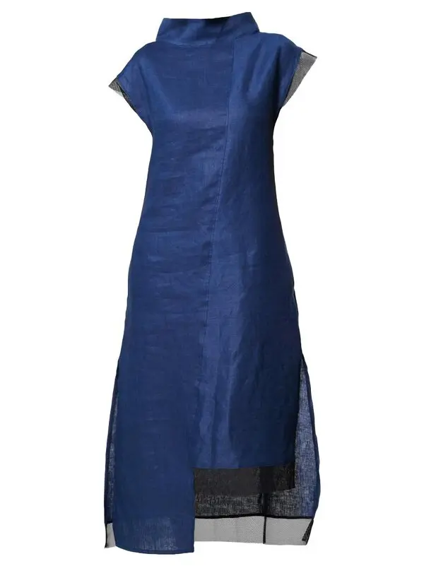 METAMORPHOZA Asymmetric Linen Dress With Mesh Detail - Blue
