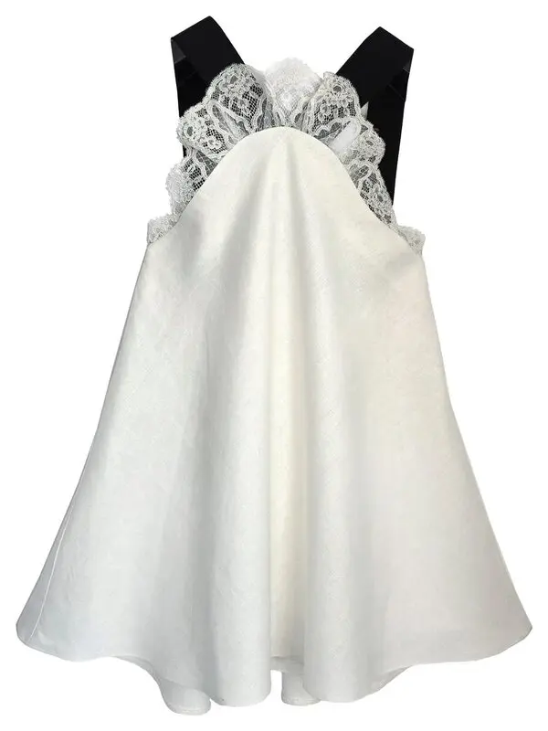 LANGNER Linen Mini Dress With Lace Trim And Contrast Straps - White/black