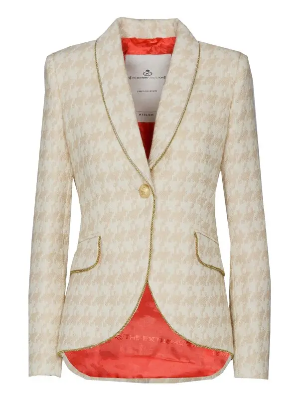 THE EXTREME COLLECTION Houndstooth Blazer With Tuxedo Lapel And Gold Chain Detailing - Yellow