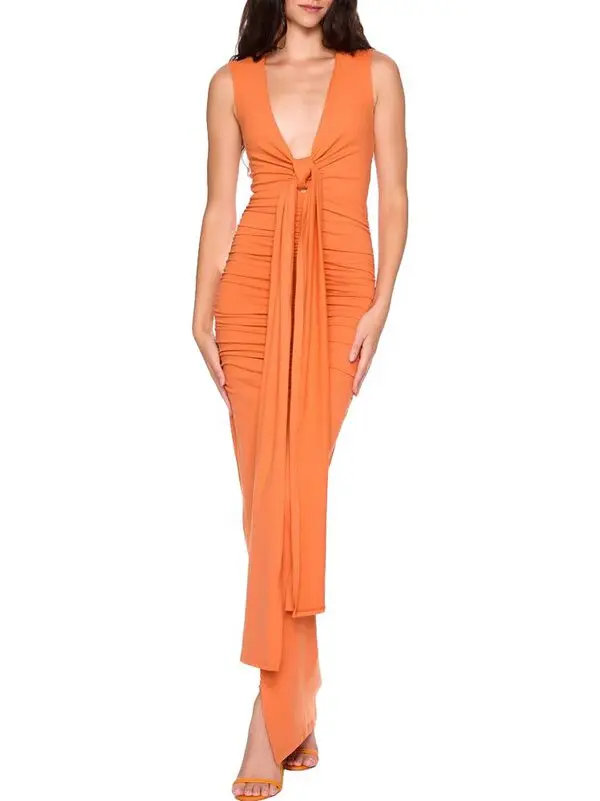 Susana Monaco Plunge Neck Tie Neck Maxi Dress - Apricot