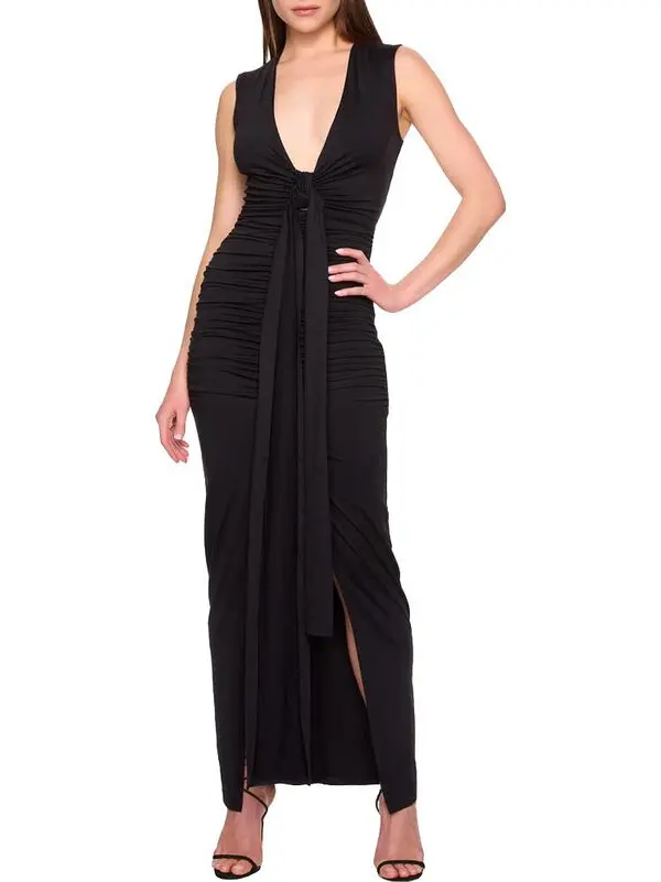 Susana Monaco Plunge Neck Tie Neck Maxi Dress - Black