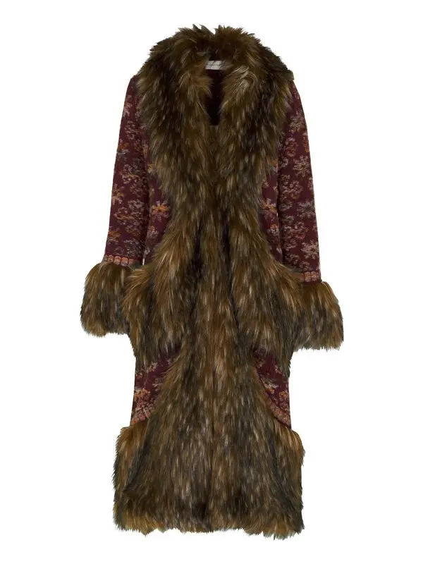 THE EXTREME COLLECTION Jacquard Long Coat With Faux Fur Trim - Eed/red
