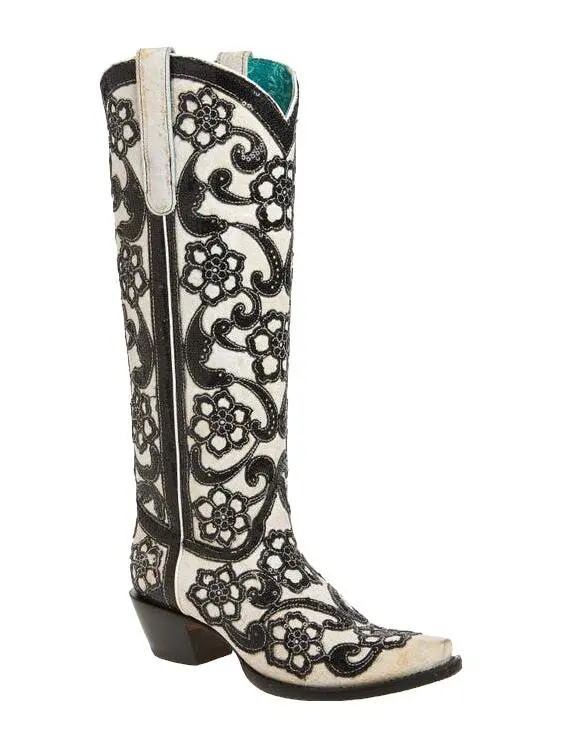 CORRAL Sequin Embellished Western Boots - White/black