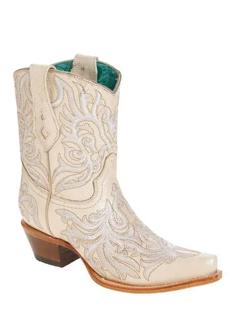 CORRAL Embroidered Pointed Toe Stacked Heel Boots - Bone