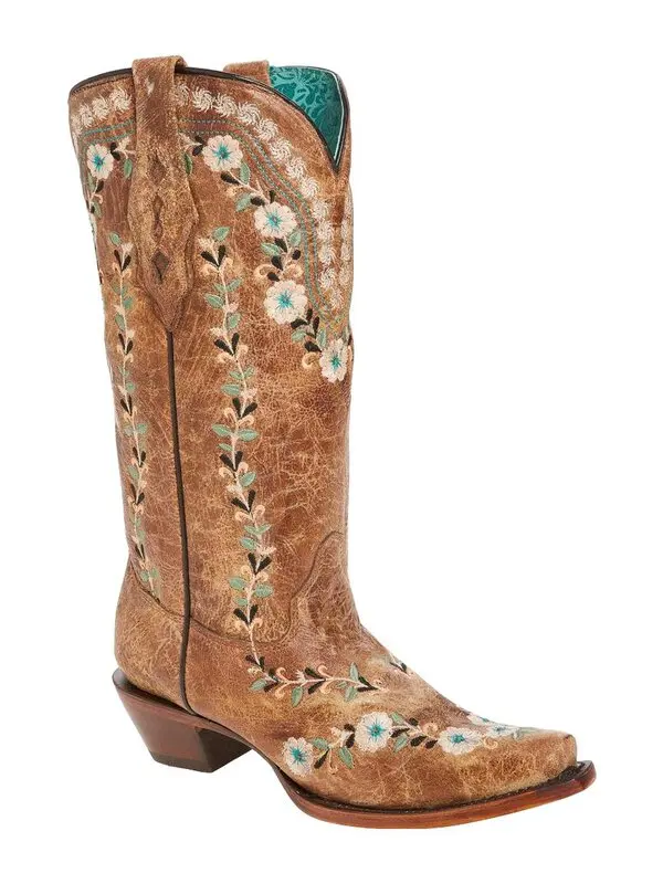 CORRAL Floral Embroidered Distressed Leather Western Boots - Cognac