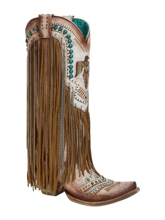 CORRAL Embroidered Fringe Western Boots - Beige