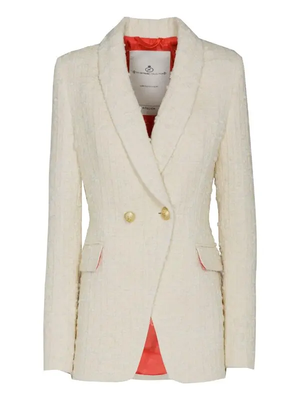 THE EXTREME COLLECTION Ivory Bouclé Double-breasted Blazer With Tuxedo Lapel And Gold Buttons - White/yellow