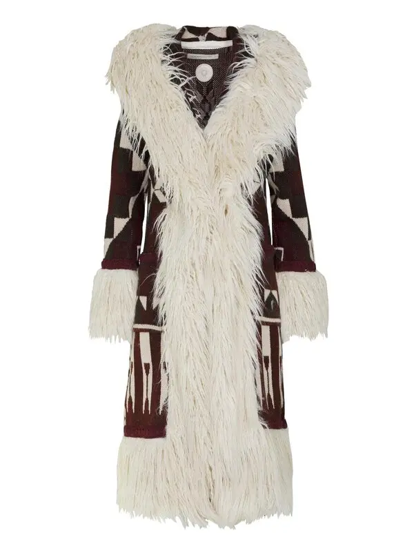 THE EXTREME COLLECTION Long Alpaca Coat With Ethnic Jacquard And Faux Fur Trim - Eed