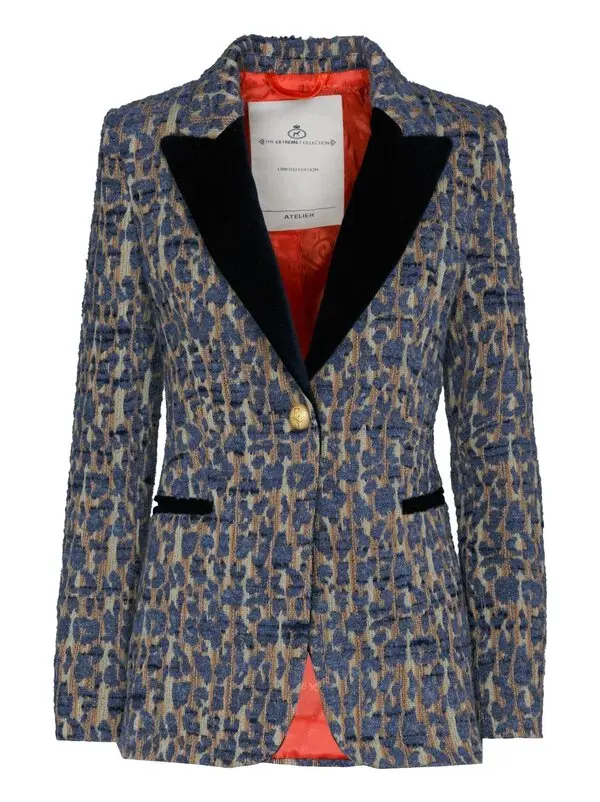 THE EXTREME COLLECTION Jacquard Print Blazer With Velvet Peak Lapel And Gold Buttons - Blue