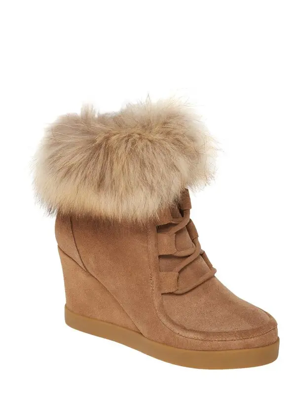CECILIA NEW YORK Holly Wedge Bootie With Genuine Fox Fur Trim - Chestnut Suede