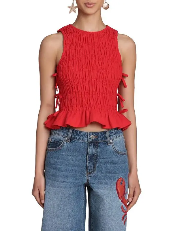 Avec Les Filles Smocked Linen Blend Top - Hot Red