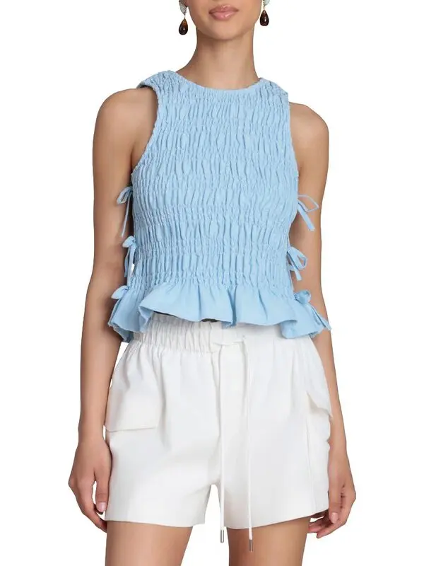 Avec Les Filles Smocked Linen Blend Top - Light Blue