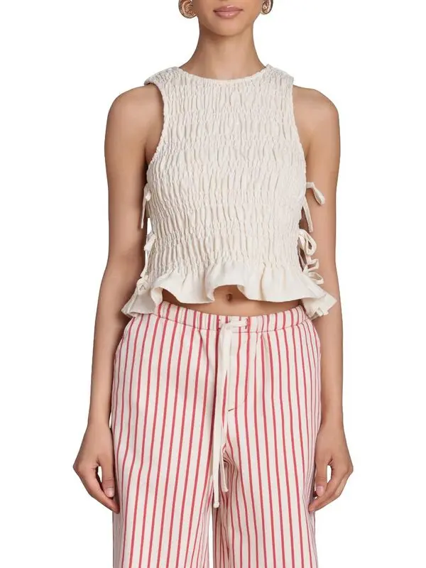 Avec Les Filles Smocked Linen Blend Top - Oatmeal