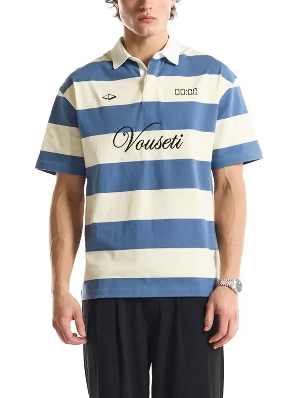 VOUSETI Post Game Stripe Cotton Polo - Blue