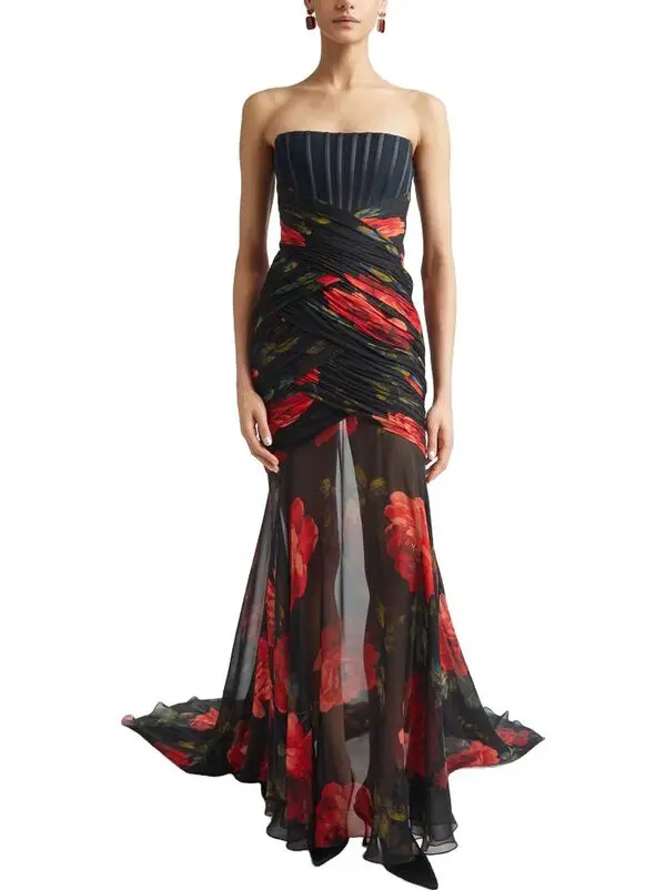 Carolina Herrera Rose Print Silk Chiffon Gown - Black Multi