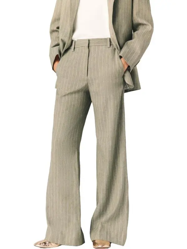 Maje Linen-blend Pinstriped Wide-leg Trousers - Khaki