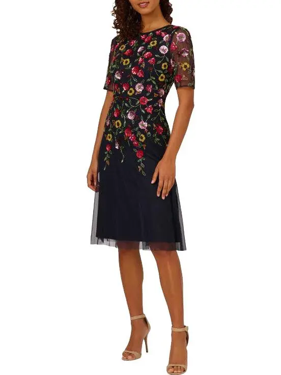 Adrianna Papell Floral Beaded Mesh Cocktail Dress - Navy Multi