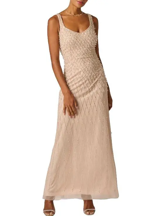 Adrianna Papell Beaded Mesh Evening Gown - Shell