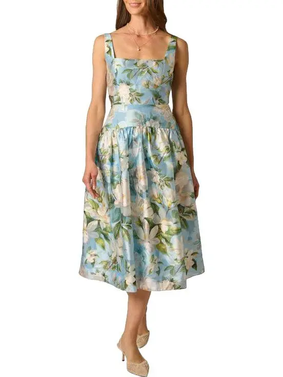 Adrianna Papell Gathered Floral Organza Midi Dress - Blue Multi
