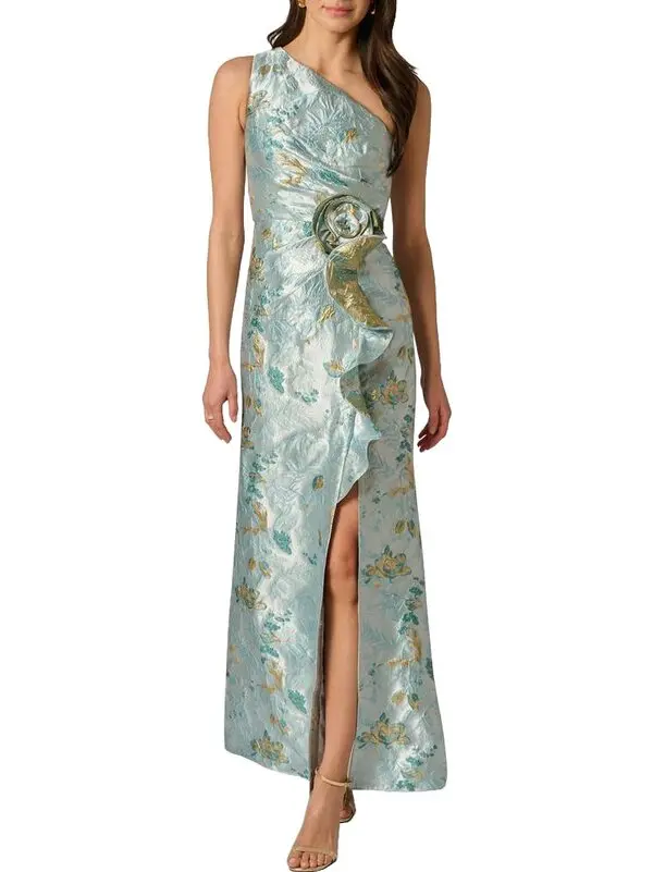 Adrianna Papell One-shoulder Metallic Jacquard Gown With Rosette Detail - Blue Multi